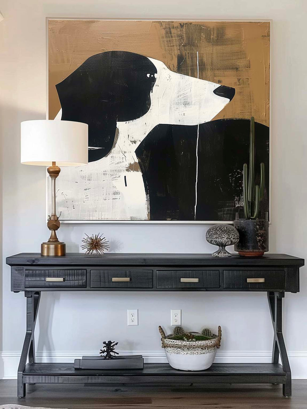 Vintage Dog Oil Painting Original Abstract Dog Wall Art Retro Black And ...