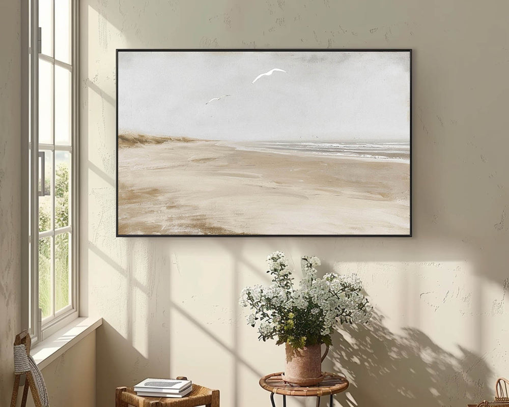 Vintage Beach Scene seagulls Painting Vintage Coastal Seaside Painting ...