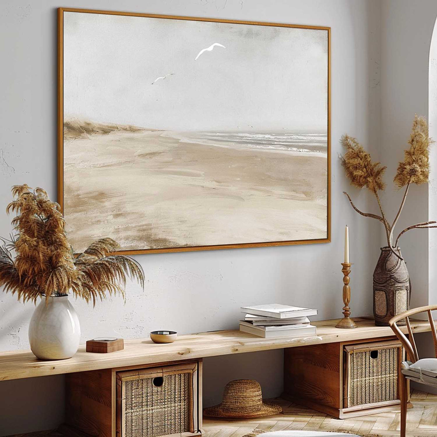 Vintage Beach Scene seagulls Painting Vintage Coastal Seaside Painting ...