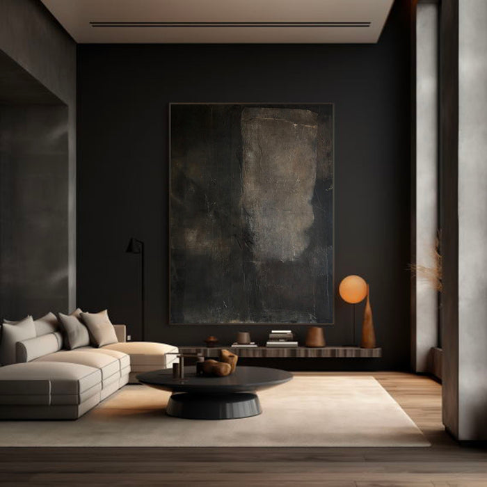 Black Minimalist Painting On Canvas Black Wabi Sabi Wall Decor Art Beige Plaster Textured Wall Art
