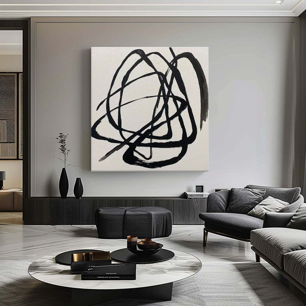 Black Line Minimalist Wall Art Black Abstract Line Painting Beige and ...
