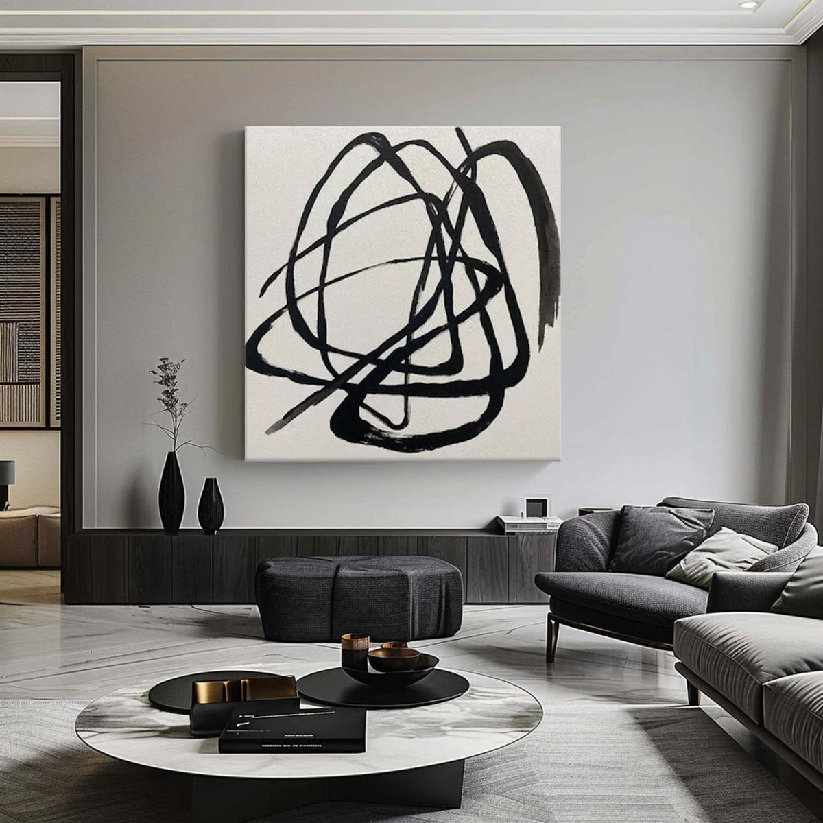 Black Line Minimalist Wall Art Black Abstract Line Painting Beige and ...