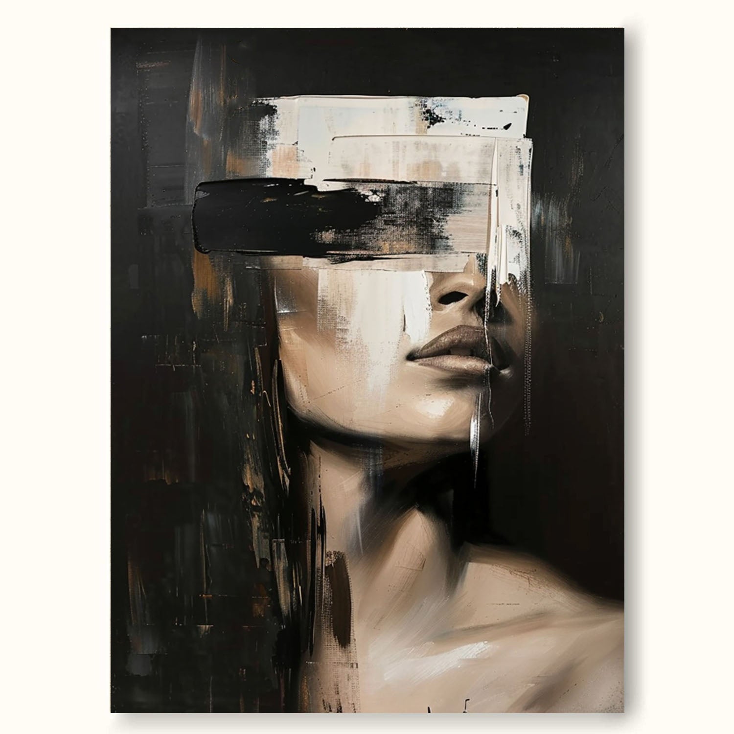 Retro Neutral Female Portrait Oil Painting Vintage Textured Canvas Art ...