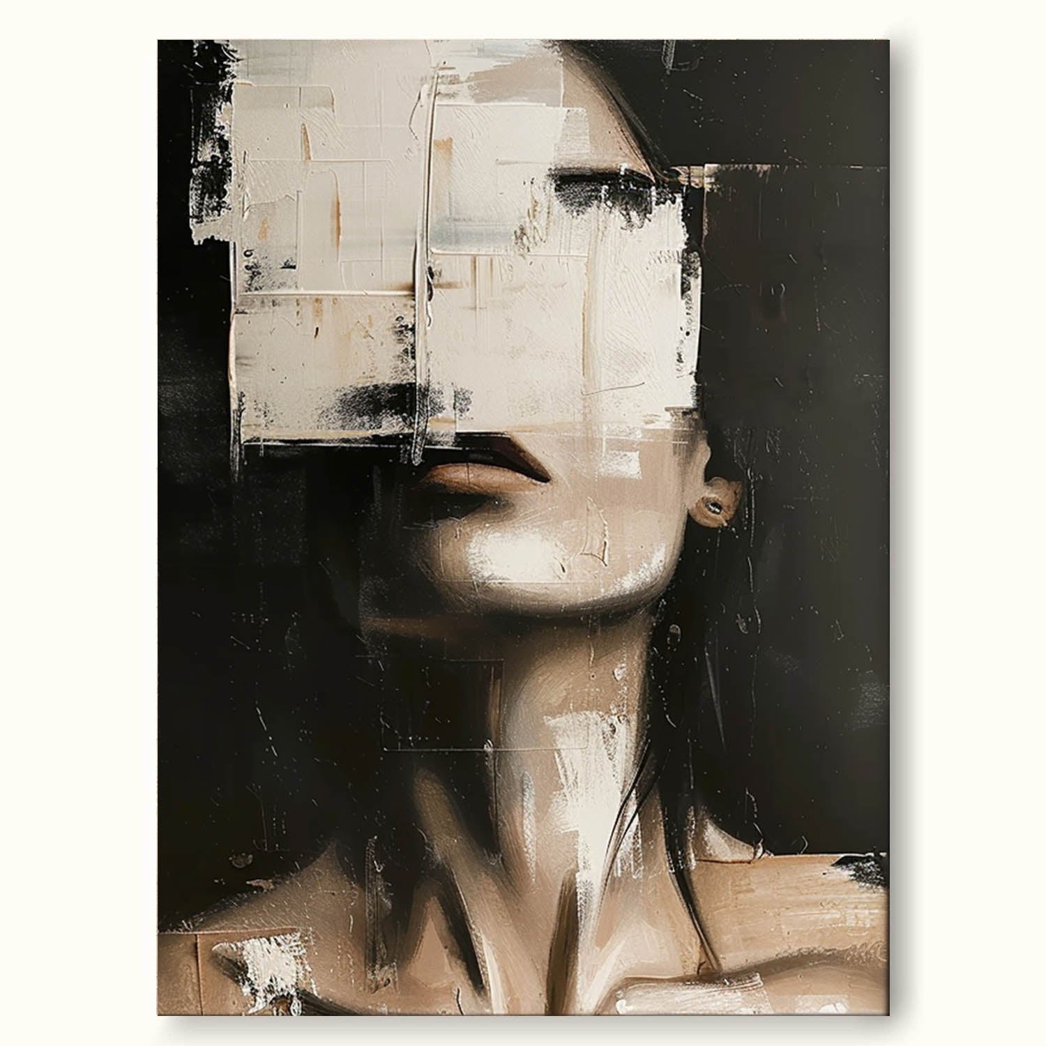 Vintage Neutral Female Portrait On Canvas Minimalist Large Abstract Oil ...