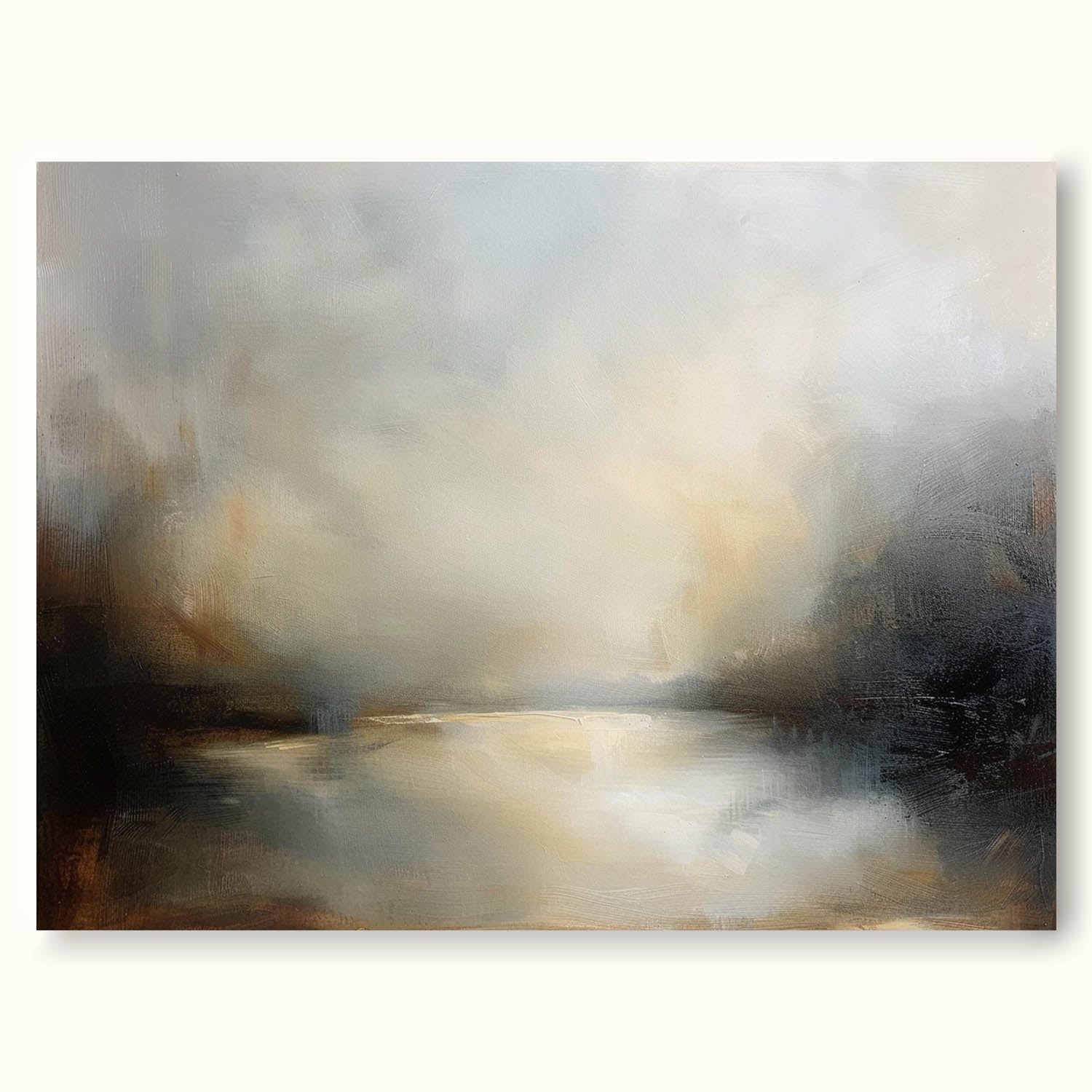 Vintage Handmade Black and Beige Lake View Oil Painting Large Retro ...