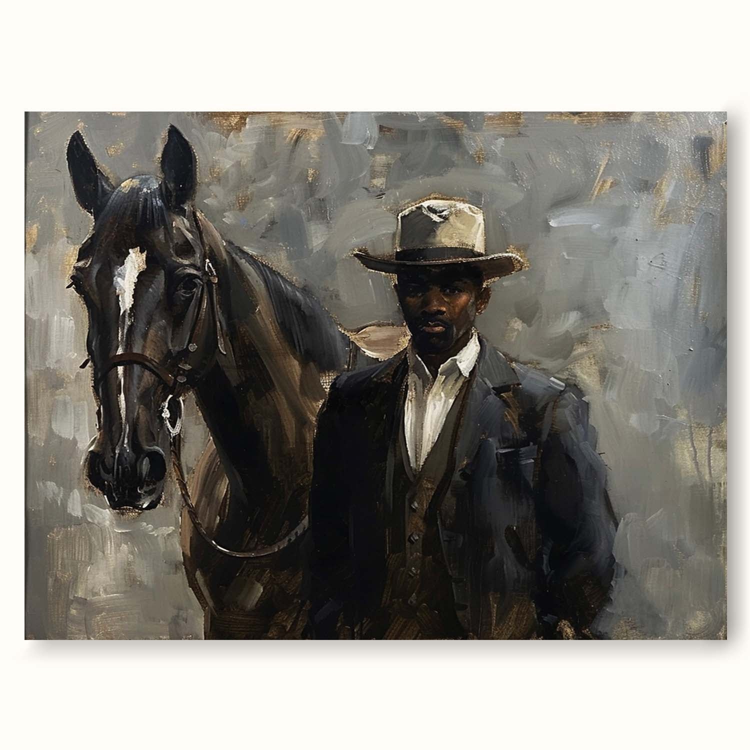 Vintage Western Cowboy Portrait Painting Large Black Textured Acrylic ...