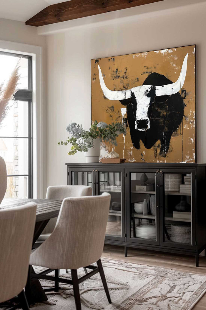 Retro White And Black Bull Horns Wall Art Vintage Bull Abstract Canvas ...