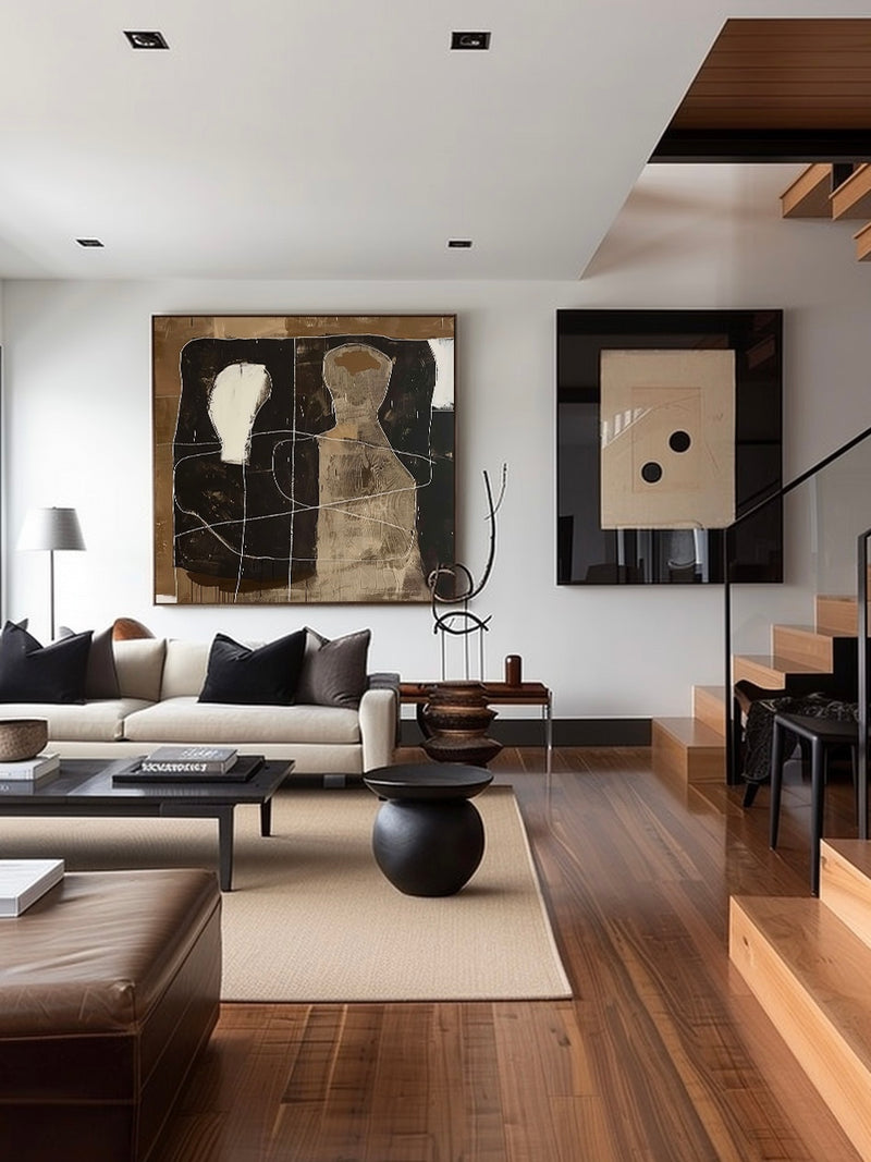 Vintage Minimalist Black And White Figures Painting Retro Black And ...