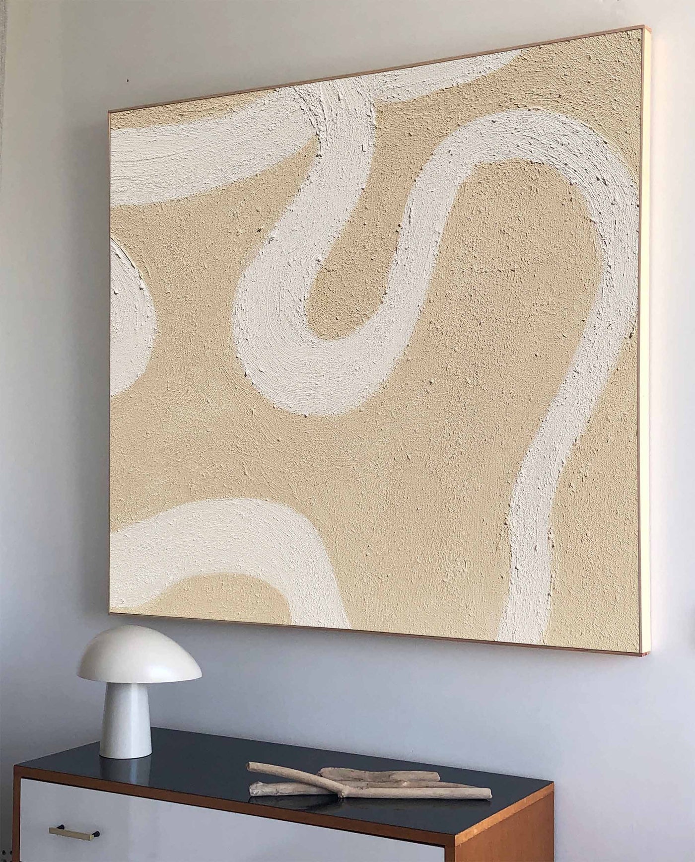 Beige And White Simple Minimalist Line Art Framed Square Canvas ...