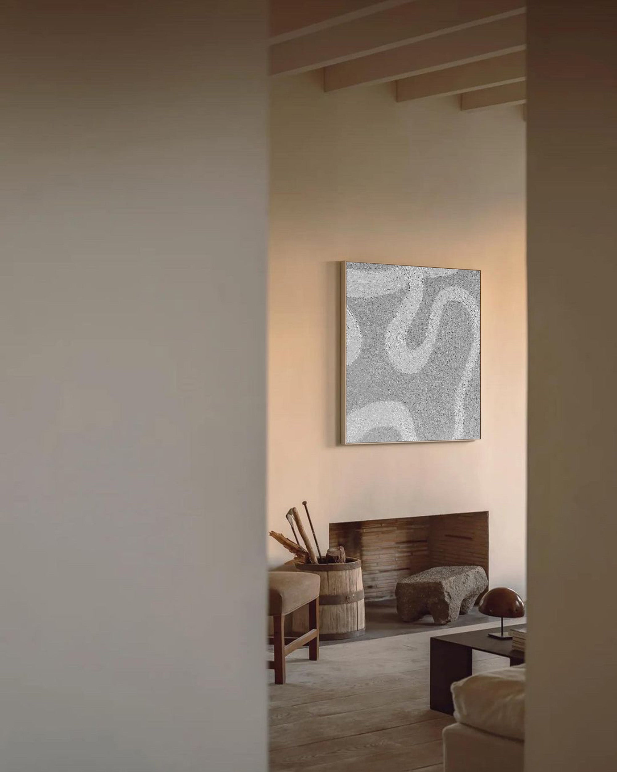 Grey And White Minimalist Line Wall Art Framed Square Canvas Simple ...
