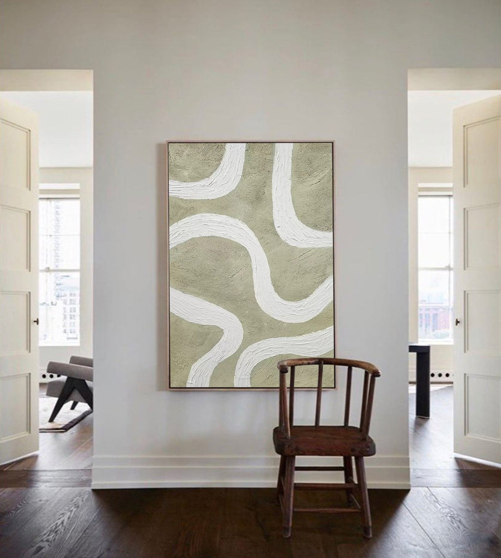 Green And White Minimalist Line Art Framed Minimalist Acrylic Painting ...