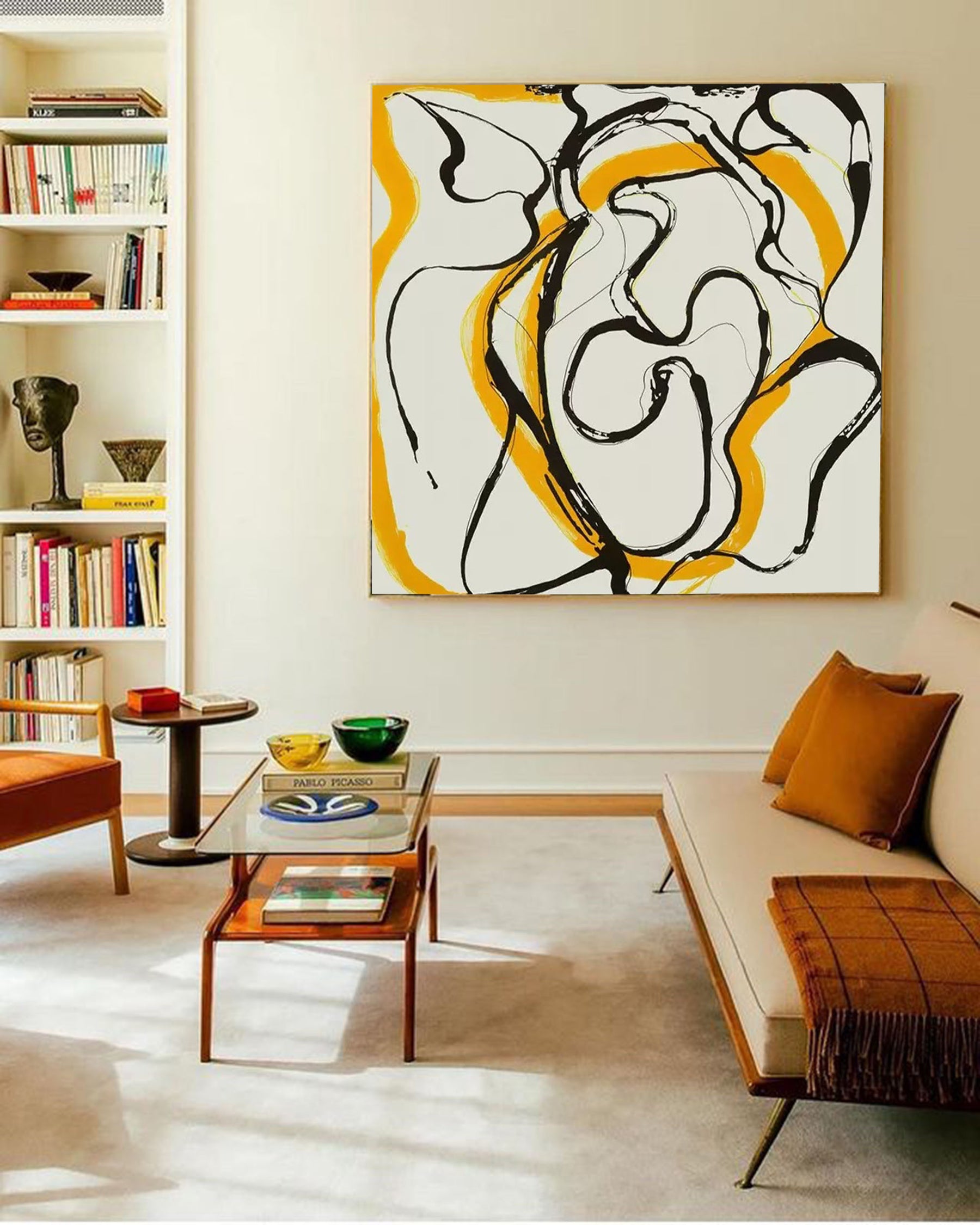 Framed Yellow Minimalist Line Art Square Contemporary Minimalist ...